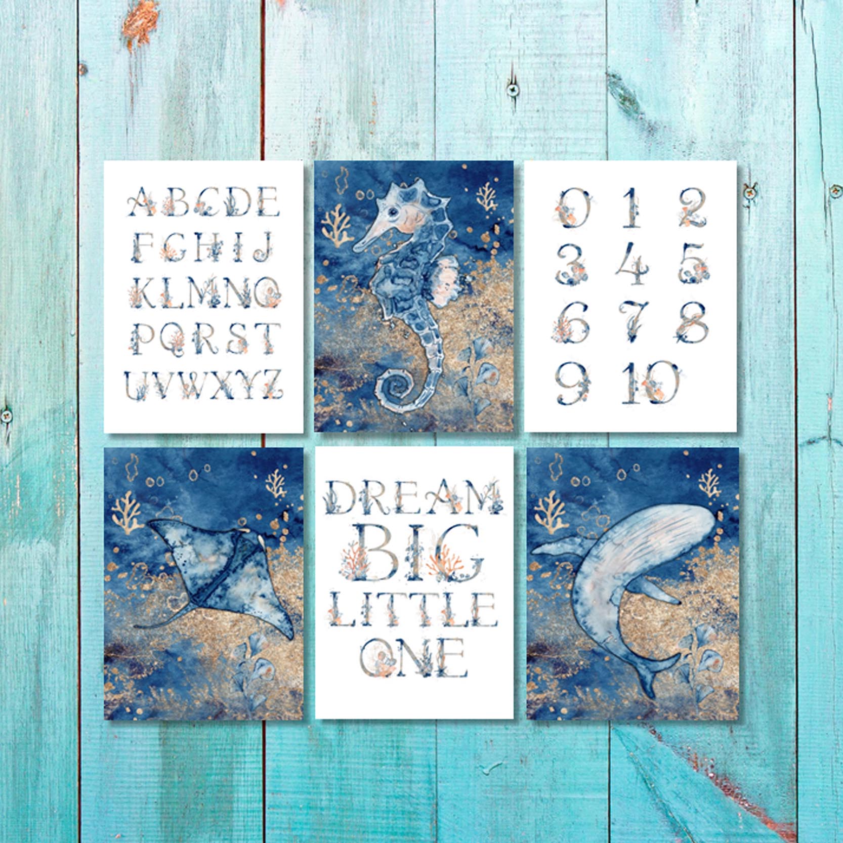 Unisex: Set of 6 - Under the sea watercolor Alphabet – Canvas & More